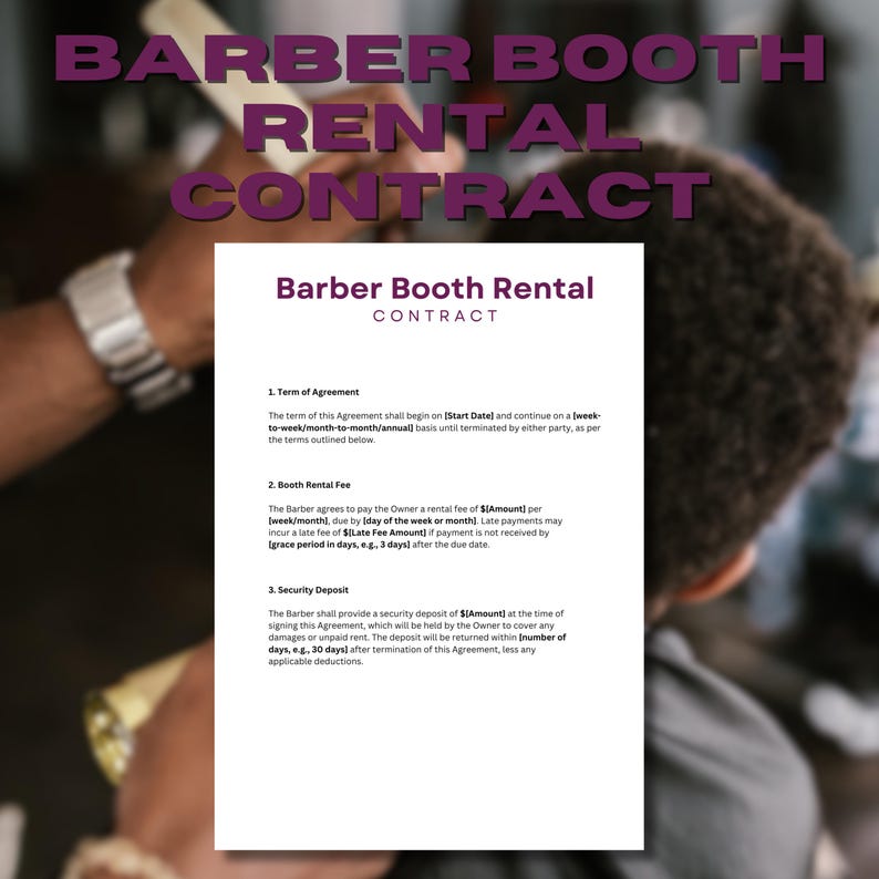Editable Barber Shop Booth Rental Contract Template, Professional Hair ...