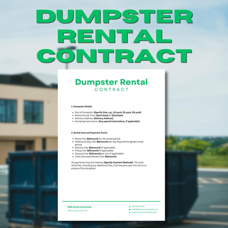 Waste Disposal Service Agreement Template, Editable Dumpster Rental ...