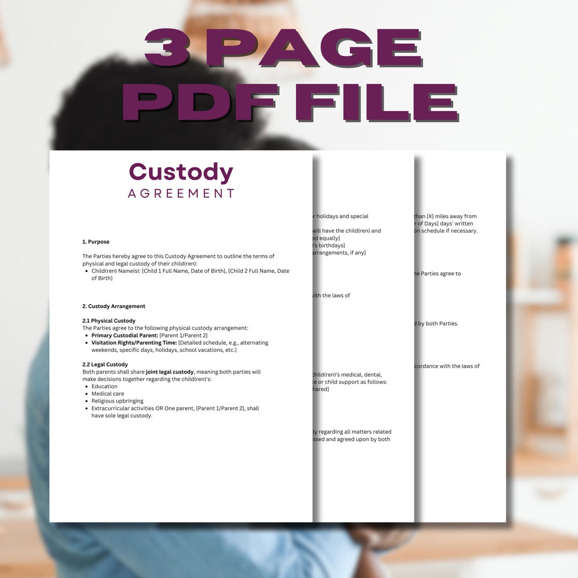 Editable Child Custody Contract Template, Customizable 50/50 Joint ...