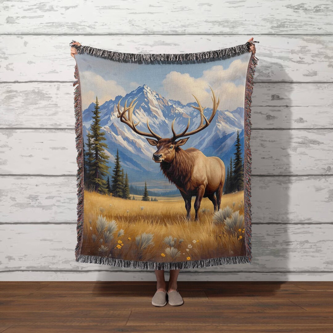 Elk Woven Blanket, Mountain Wildlife Tapestry Throw, Rustic Wildlife ...