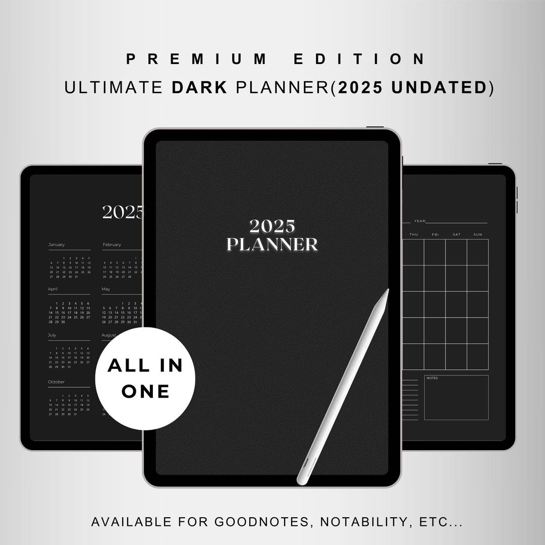 Undated Dark Mode Planner - Cover, 2025 Calendar, Monthly, Weekly Daily ...