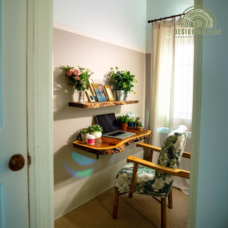 Custom Live Edge Wooden Floating Desk, Floating Shelf Desk, Home Decor ...