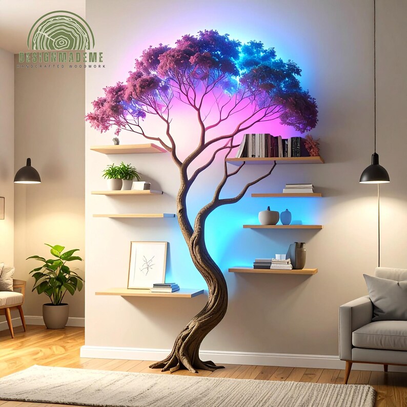 Rustic Tree Branch Bookshelf – Solid Wood Floating Wall Shelf, Handmade ...