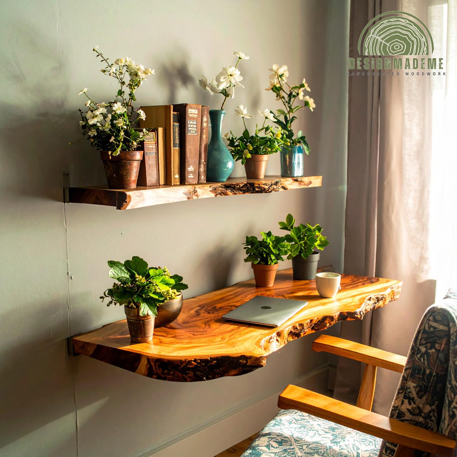 Custom Live Edge Wooden Floating Desk, Floating Shelf Desk, Home Decor ...