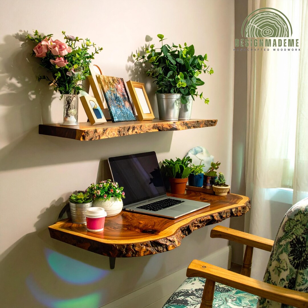 Custom Live Edge Wooden Floating Desk, Floating Shelf Desk, Home Decor ...