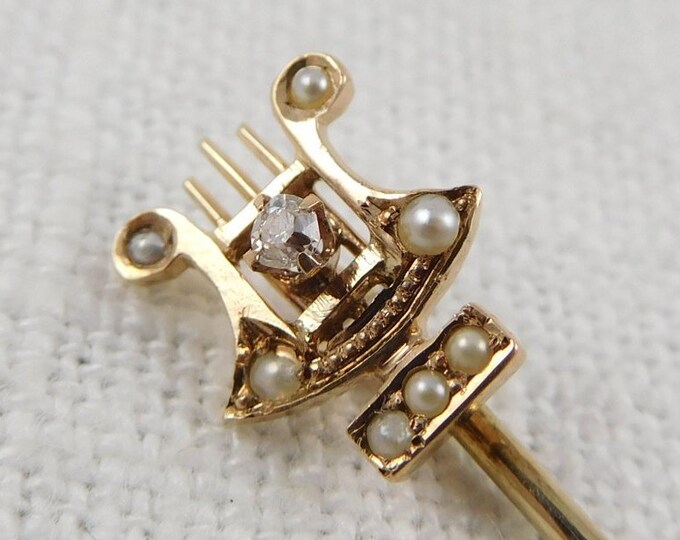 Vintage 14k Gold Seed Pearl and Diamond Lyre Stick Pin - Etsy