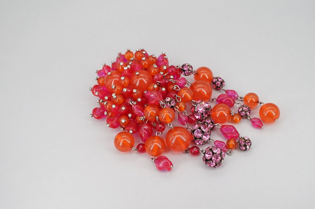 Rare Massive Vintage Hot Pink and Orange Lucite Bead Rhinestone ...