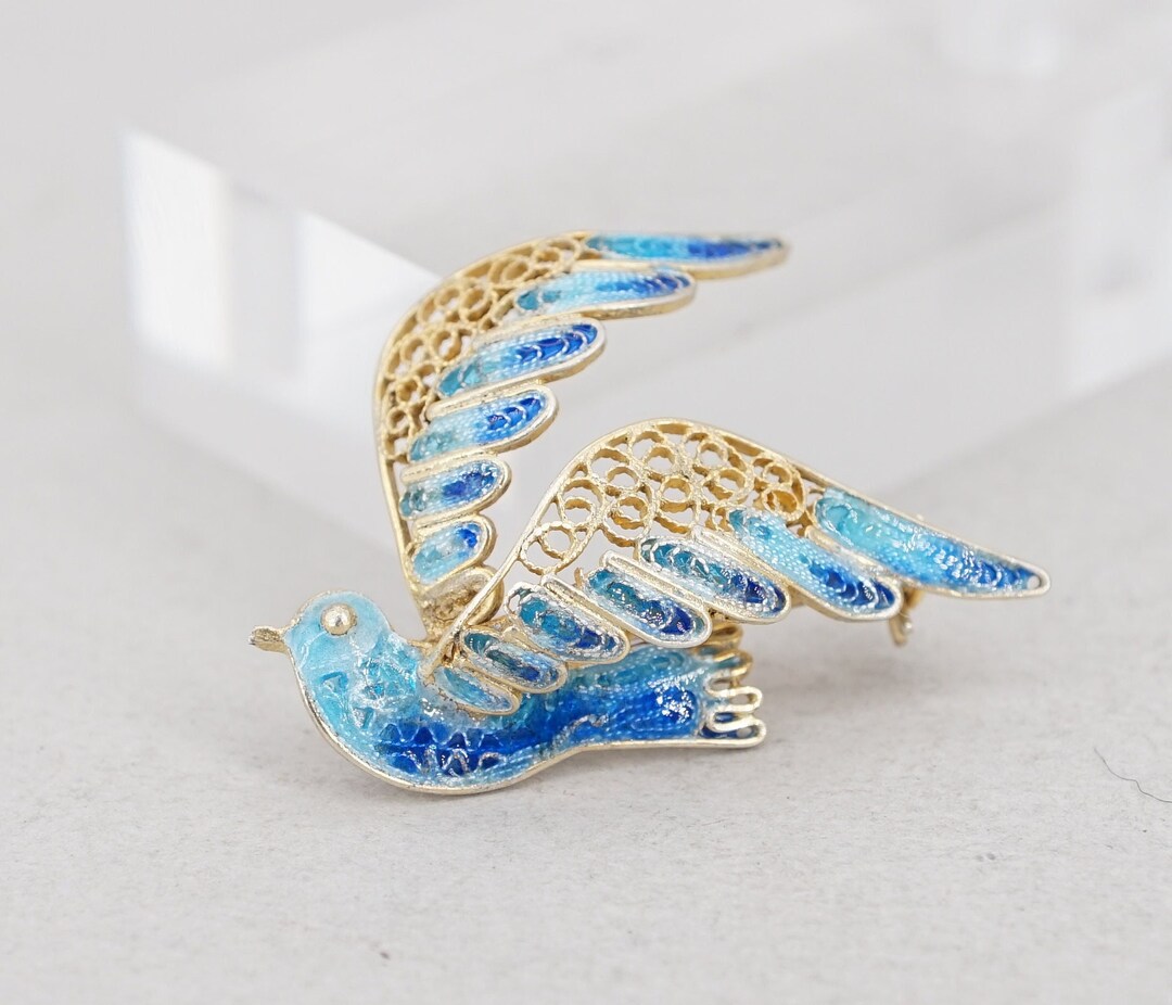 Gilt 800 Silver Filigree and Enamel Blue Dove Flying Bird Brooch - Etsy
