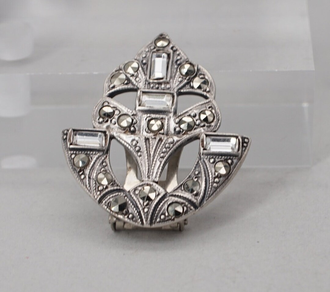 Antique Deco Sterling Silver Marcasite and Rhinestone Dress Clip - Etsy
