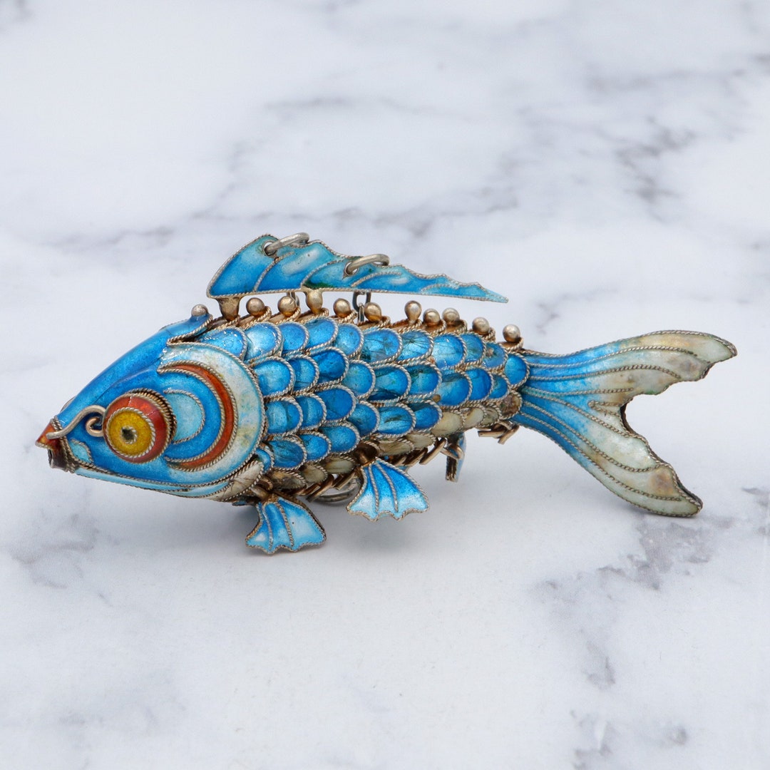 Large Antique Chinese Sterling & Cloisonne Enamel Articulating Fish ...