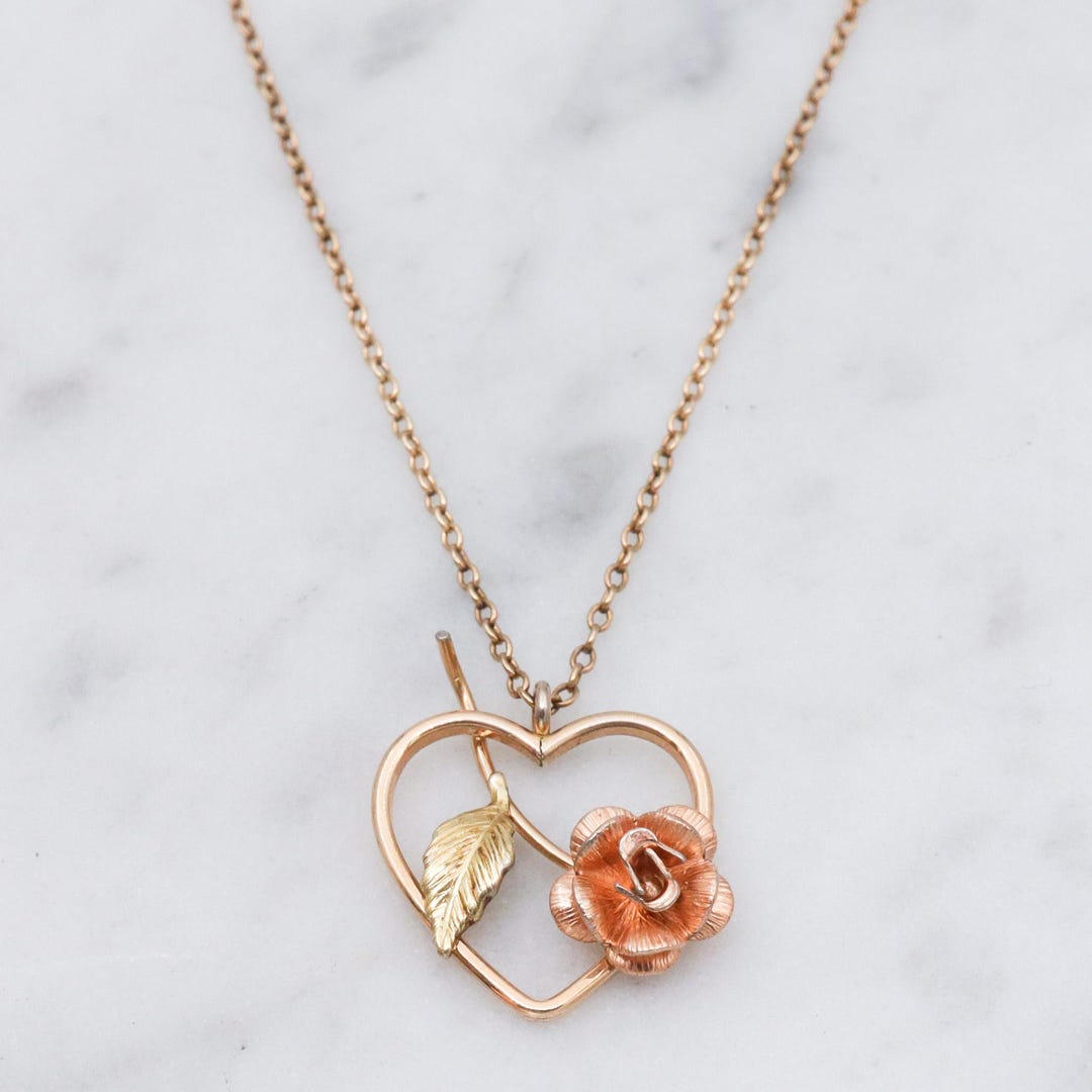 Retro Two Toned Gold Plated Rosebud Heart Pendant Necklace - Etsy