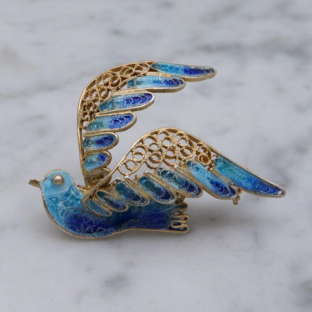 Vintage Gilt .800 Silver Filigree and Enamel Blue Dove Flying Bird ...