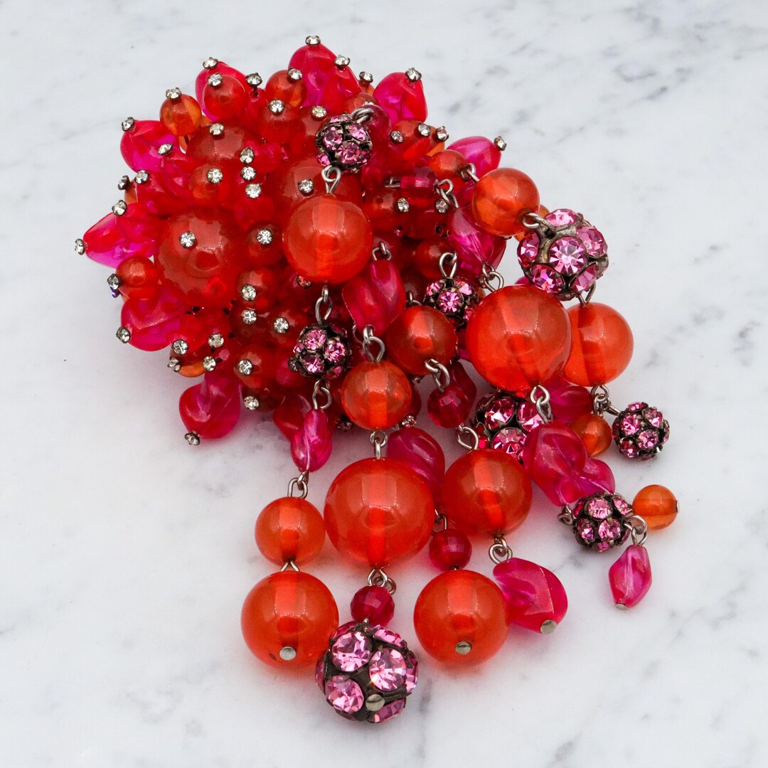 Rare Mid Century Brania Huge Orange & Pink Beaded Brooch With Long ...