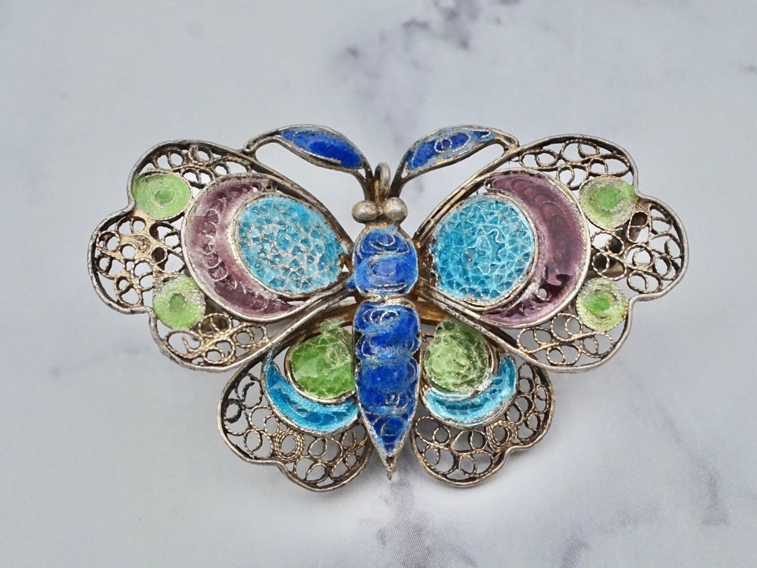 Vintage Italian Gilt Sterling Filigree Plique-a-jour Enamel Butterfly Brooch - Etsy