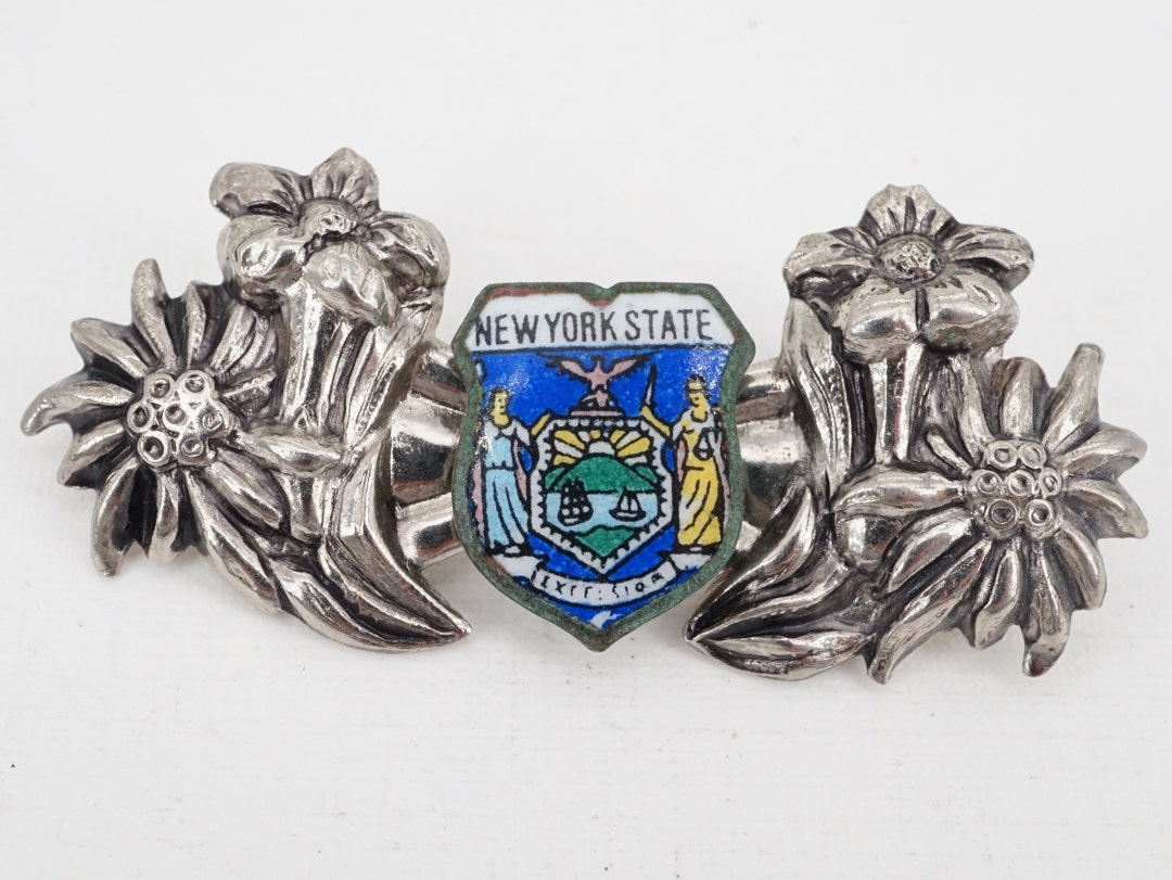 Antique Enamel New York State Flag Symbols Shield Silver Tone Floral ...