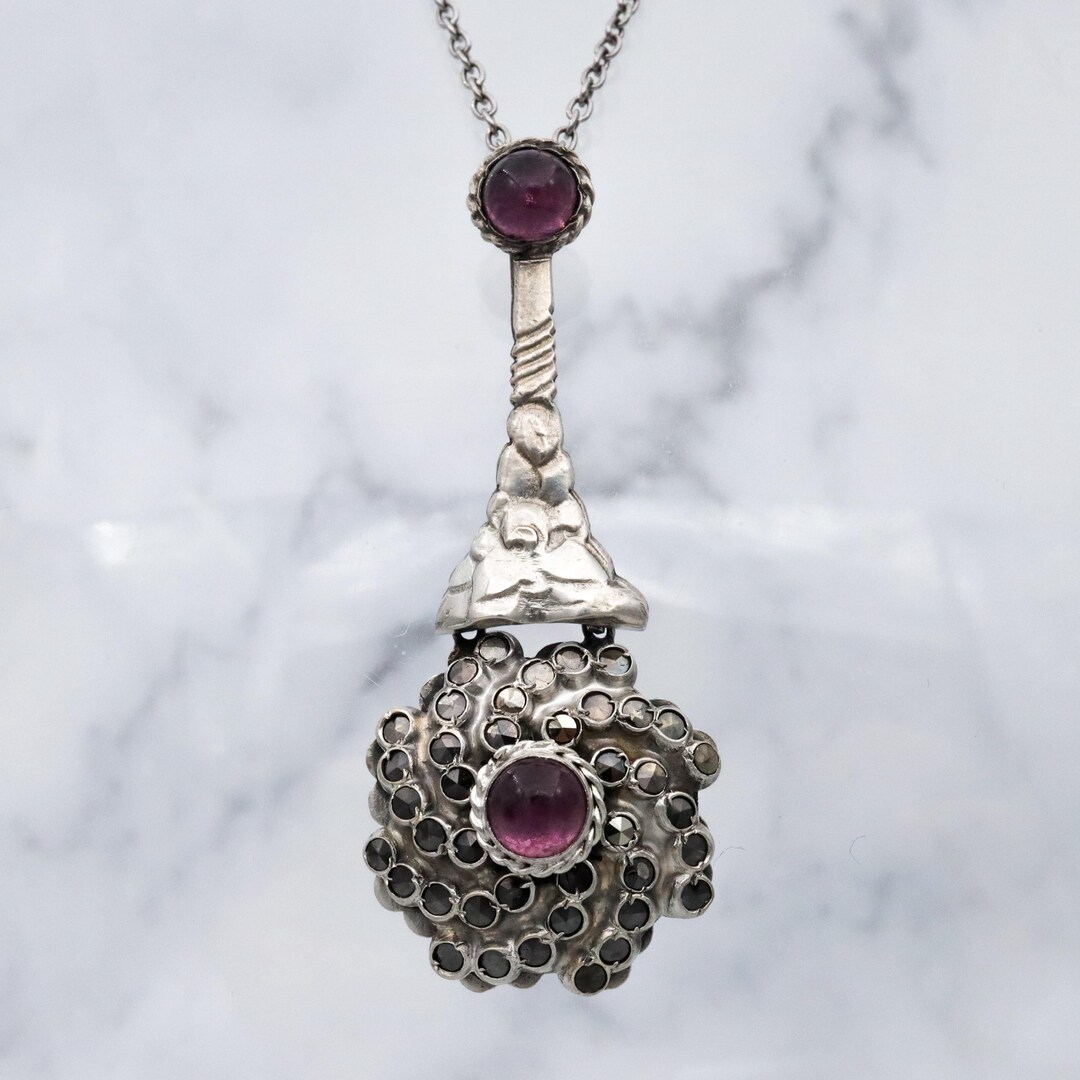 Antique Faux Amethyst & Marcasite Swirl Sterling Drop Pendant - Etsy