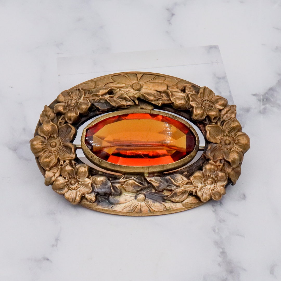 Antique Art Nouveau Brass & Amber Glass Buckle Brooch - Etsy