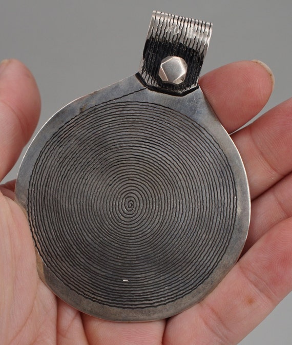 Antique Silver Moroccan Berber Eye Of God Disc Pendant - Gem