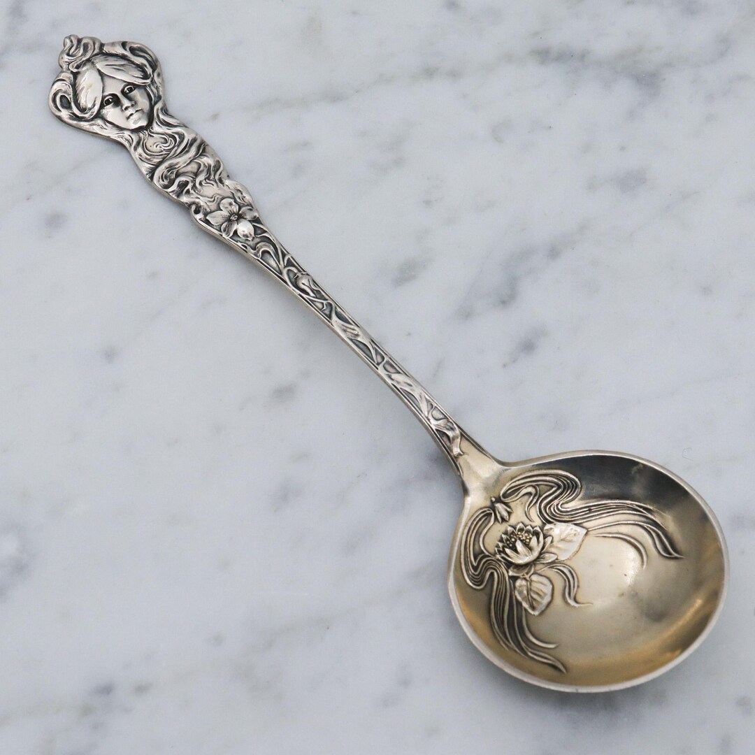 Antique Art Nouveau Maiden Sterling Silver Nut Spoon With Water Lily by ...