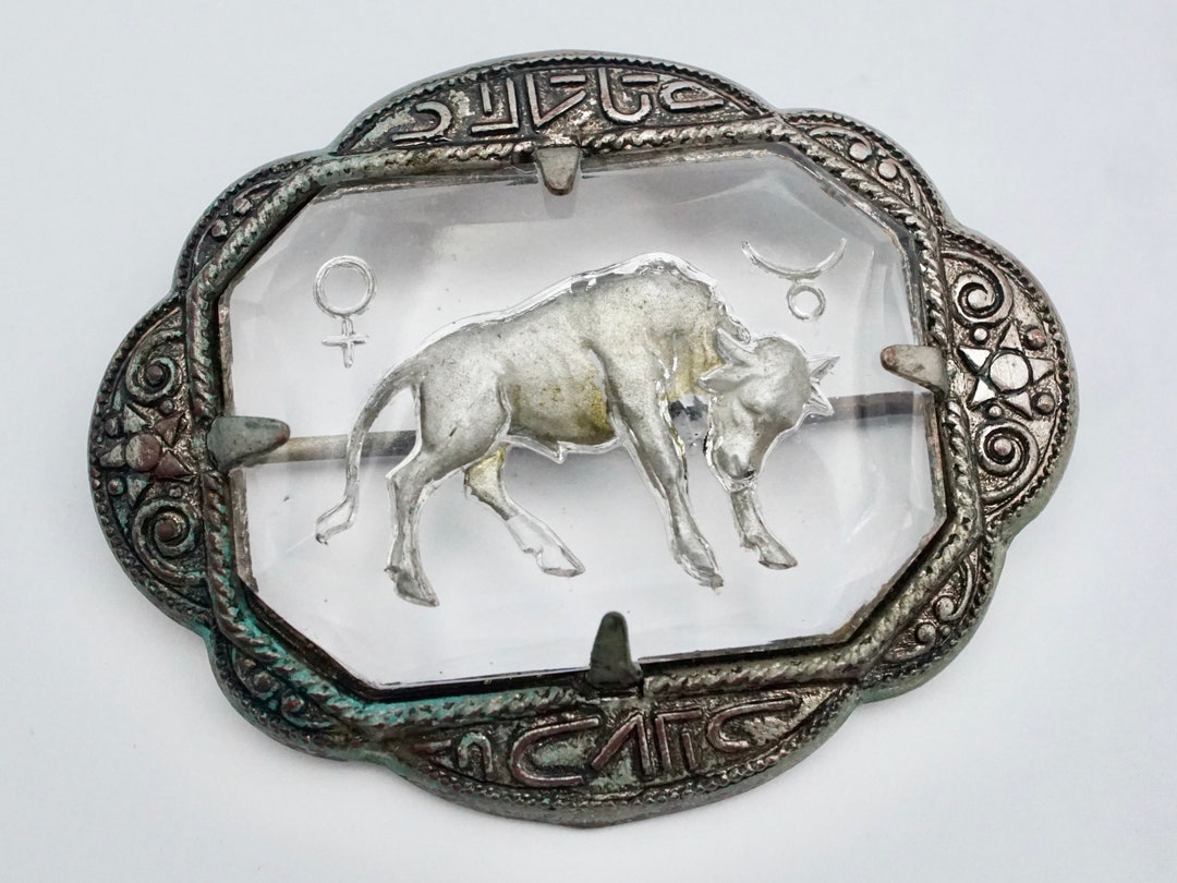 Antique Taurus Silvertone Brass Reverse-painted Intaglio Brooch - Etsy