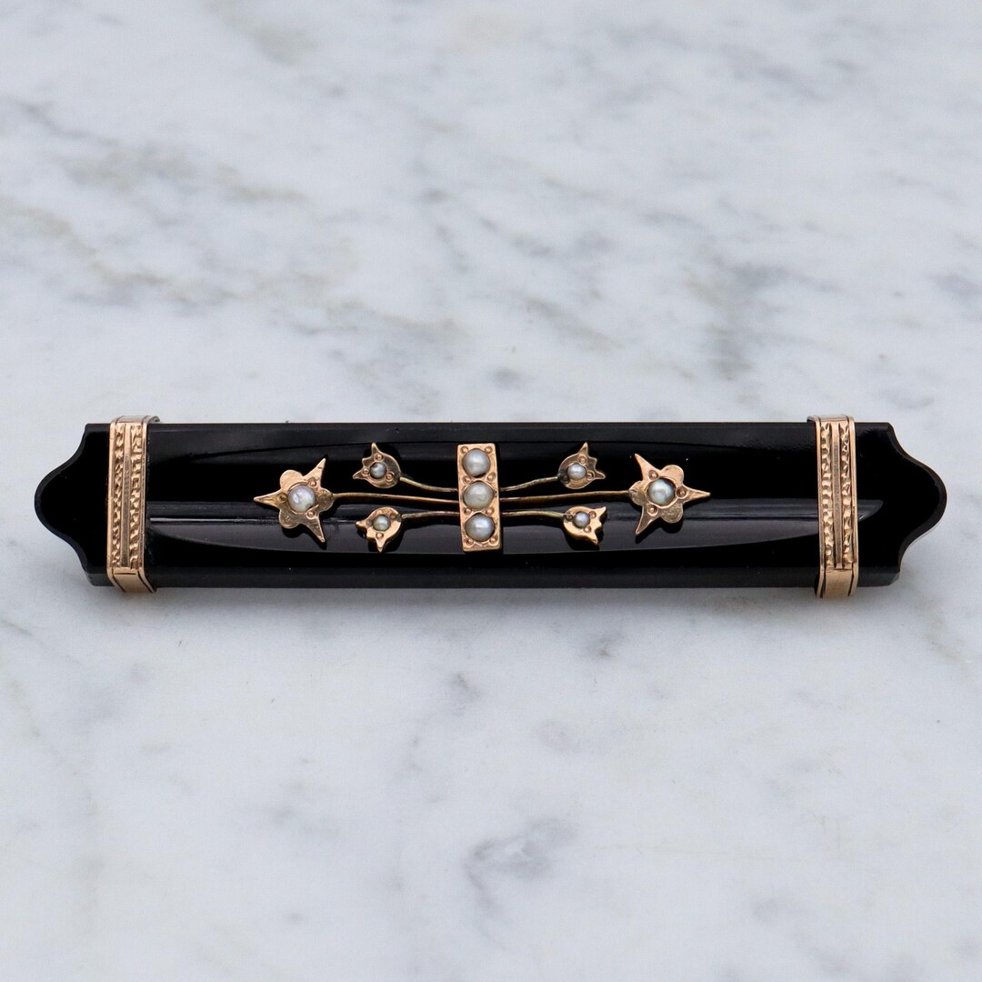 Antique Victorian Carved Jet & Pearl 10k Gold Mourning Bar Brooch - Etsy