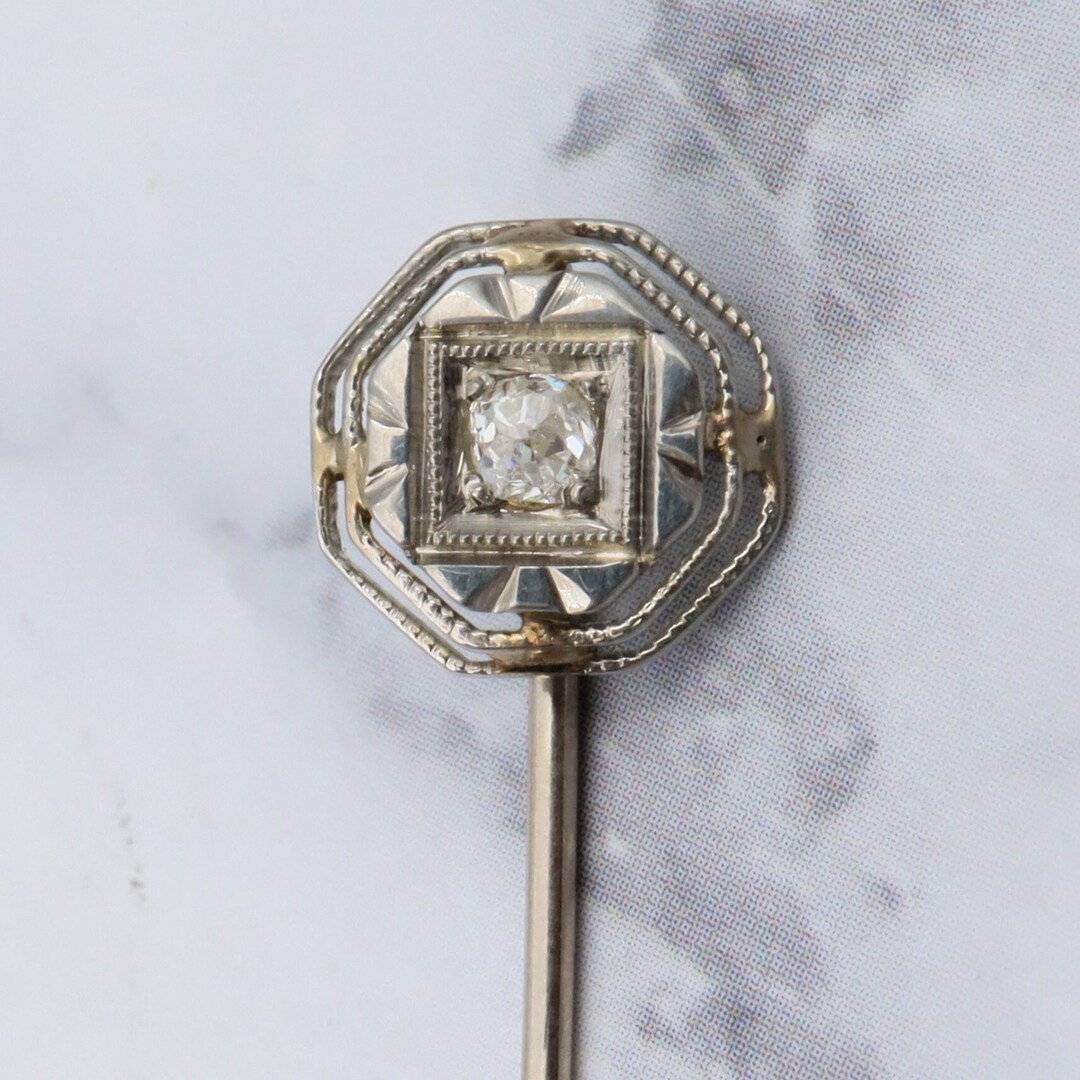 Antique Art Deco 18k White Gold Old Mine Cut Diamond Stick Pin Ww - Etsy