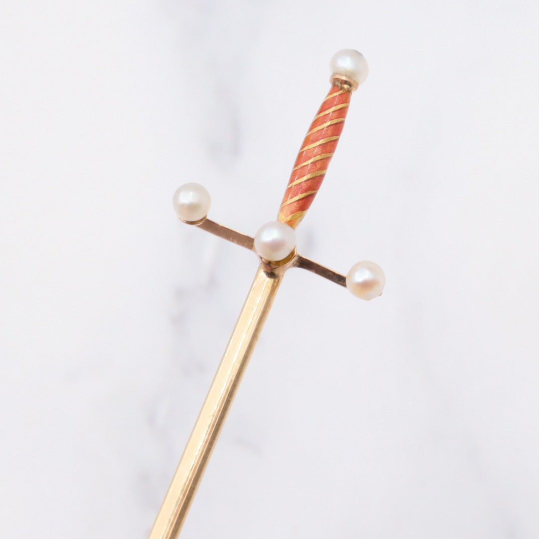 Antique 14k Gold, Enamel and Pearl Sword Jabot Stick Pin Ww - Etsy
