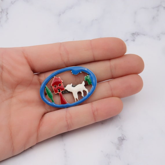 Antique Silver Tone Enamel Brooch Gem
