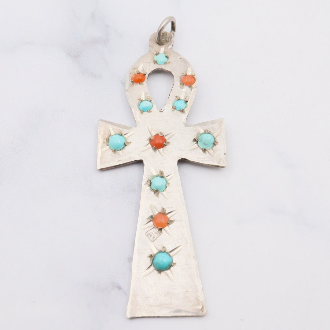 Antique Sterling Silver Turquoise and Coral Egyptian Ankh Large Pendant ...