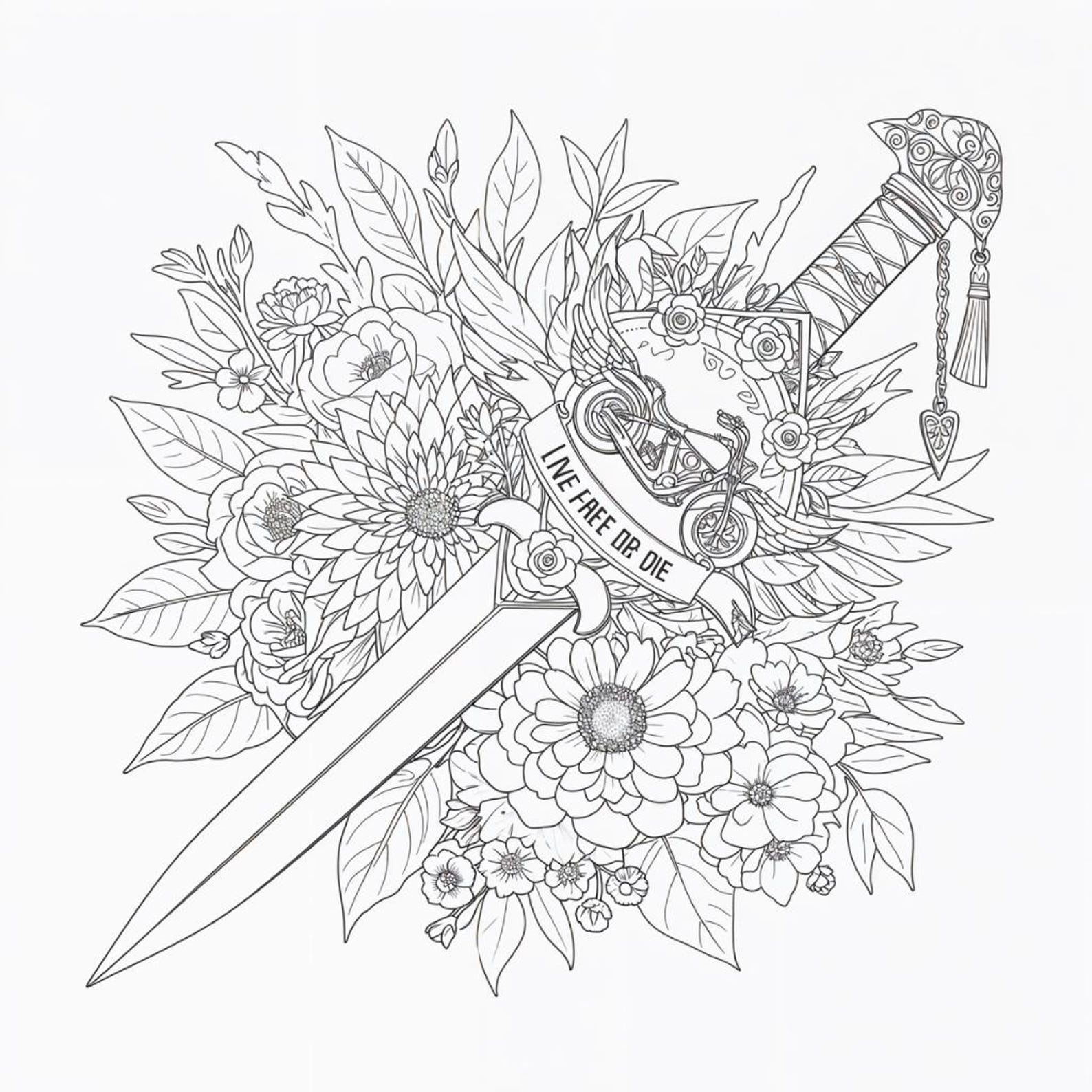Biker Sword & Flower Bouquet Print: Motorcycle Art (digital Download ...