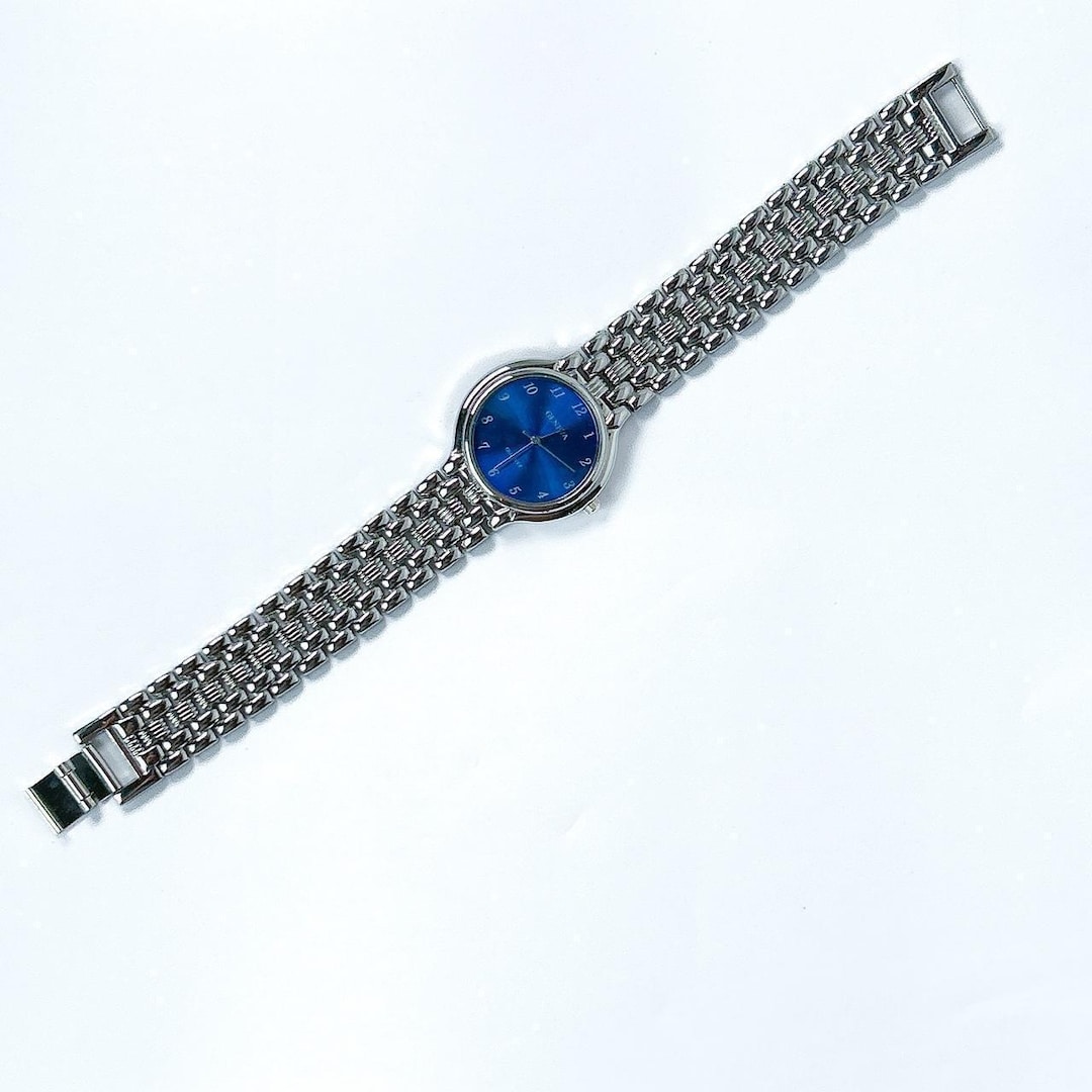Vintage Geneva Silver Watch, Deep Blue Dial Women’s Wristwatch ...