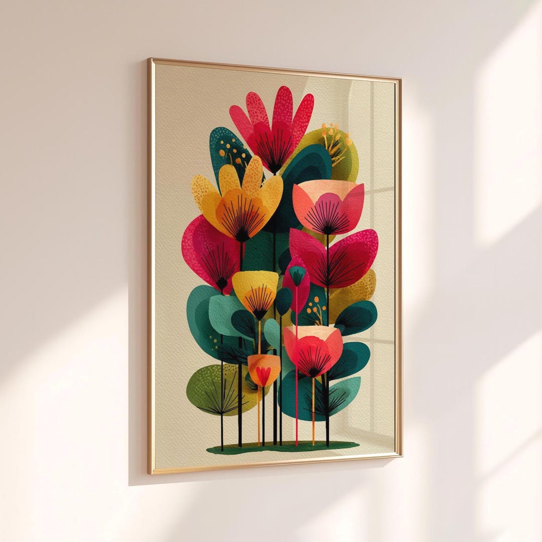 Fall Inspired Floral Digital Print, Vibrant Red and Yellow Botanical ...