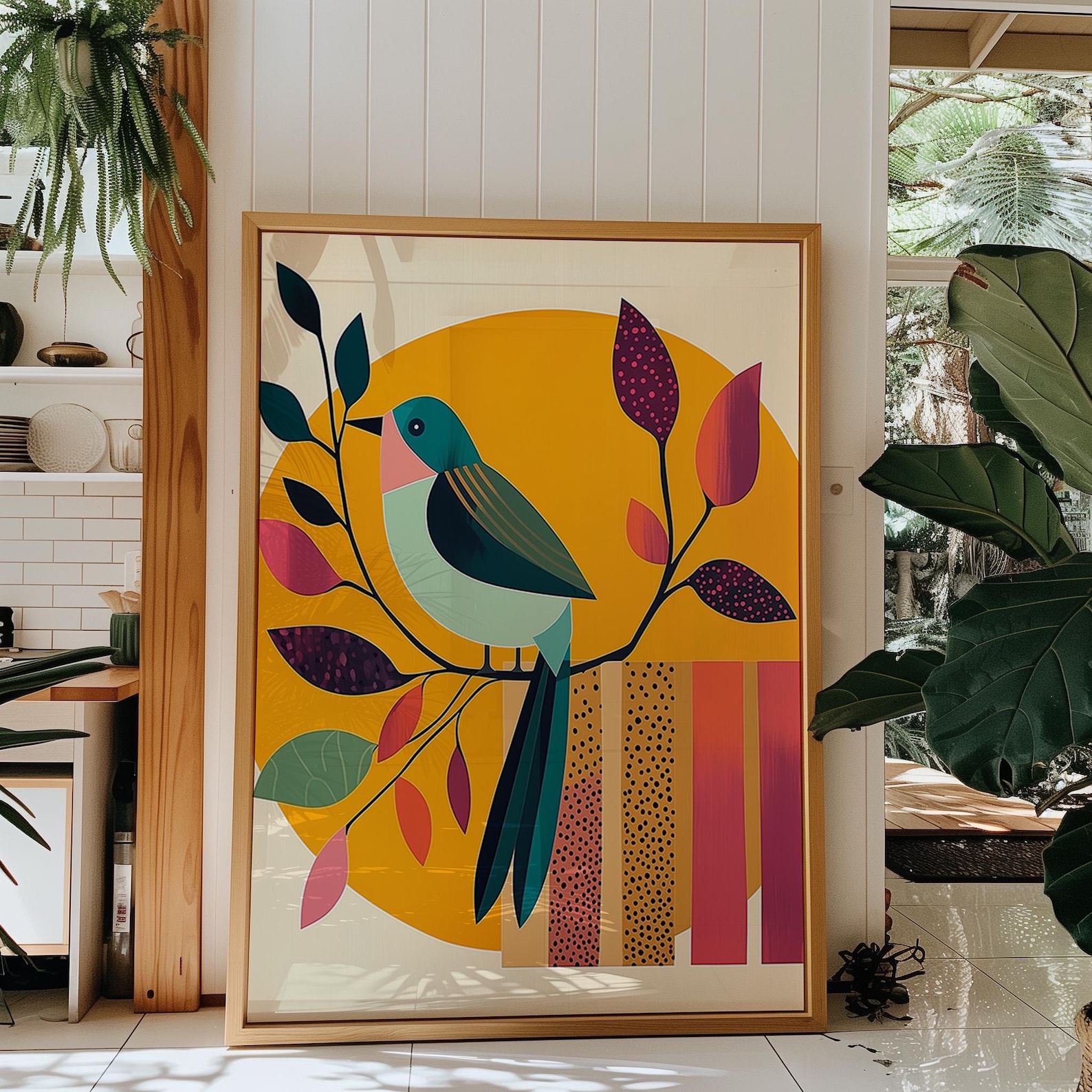 Trendy Boho Bird Art Print | Bold Geometric Nature Wall Decor | Mid ...