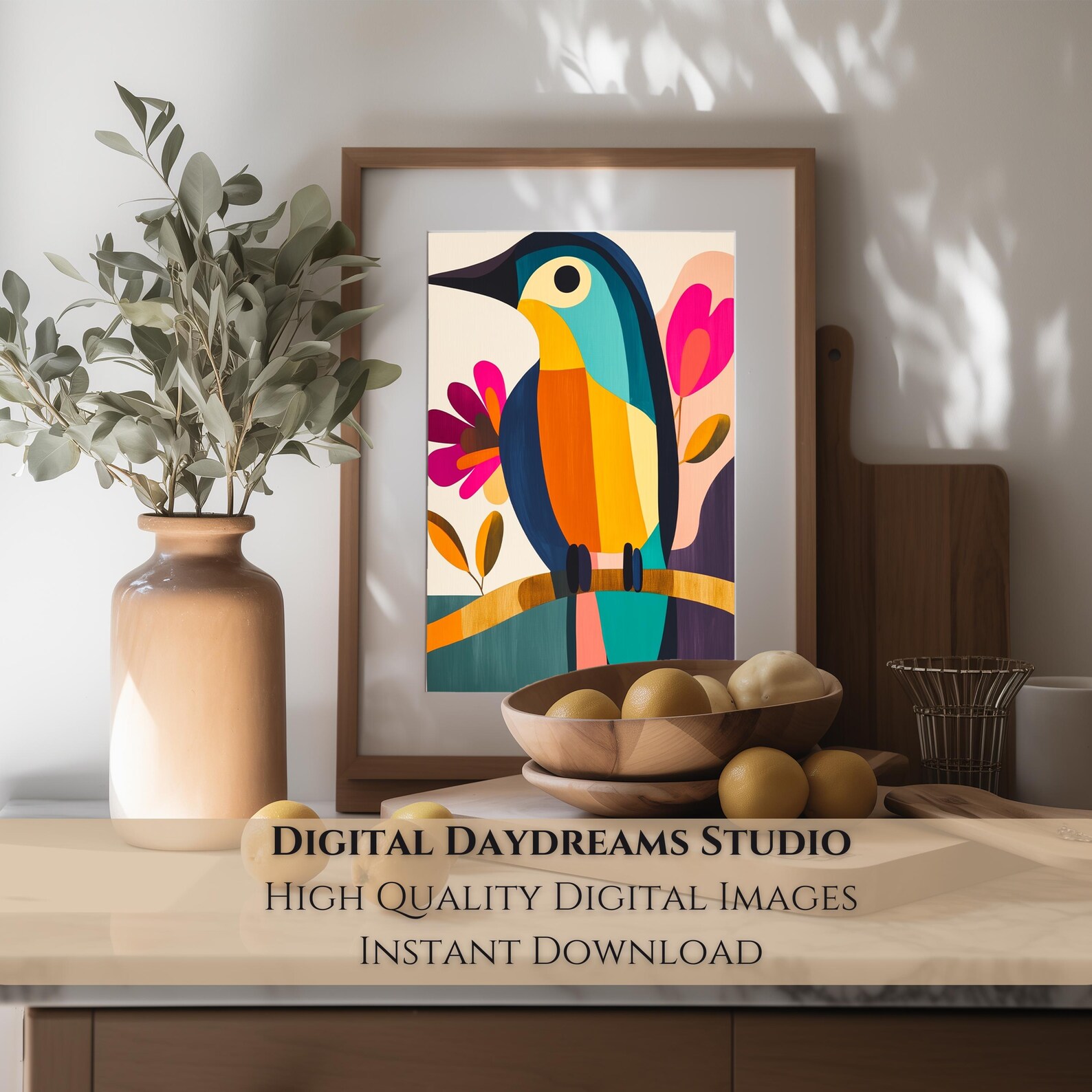 Colorful Abstract Bird Art, Modern Boho Wall Decor, Geometric Digital ...