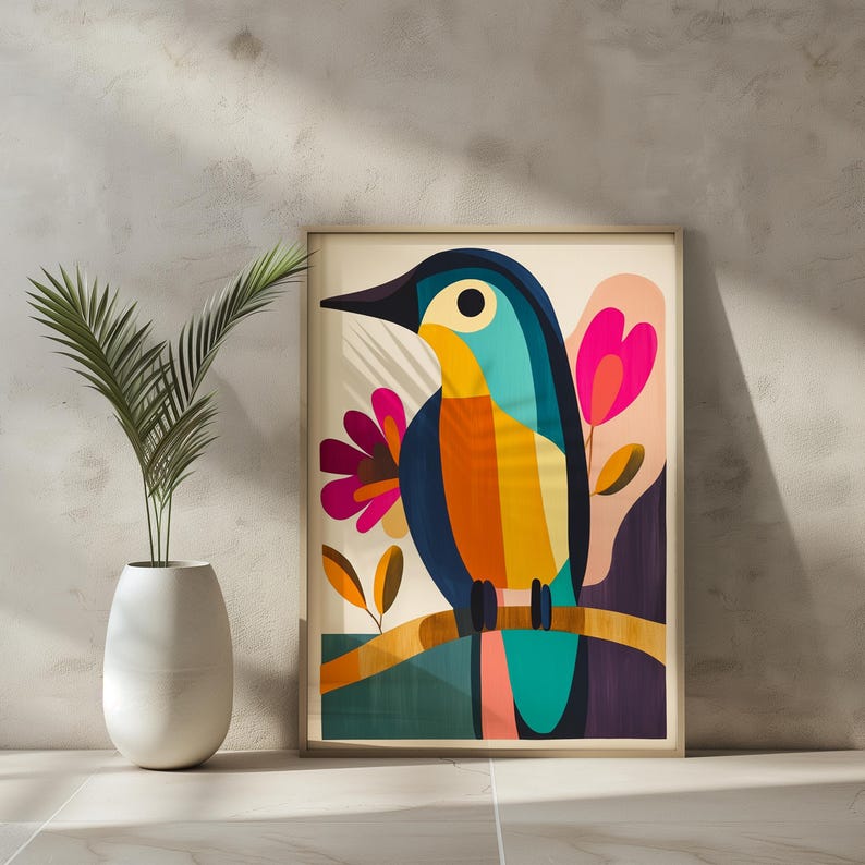 Colorful Abstract Bird Art, Modern Boho Wall Decor, Geometric Digital ...