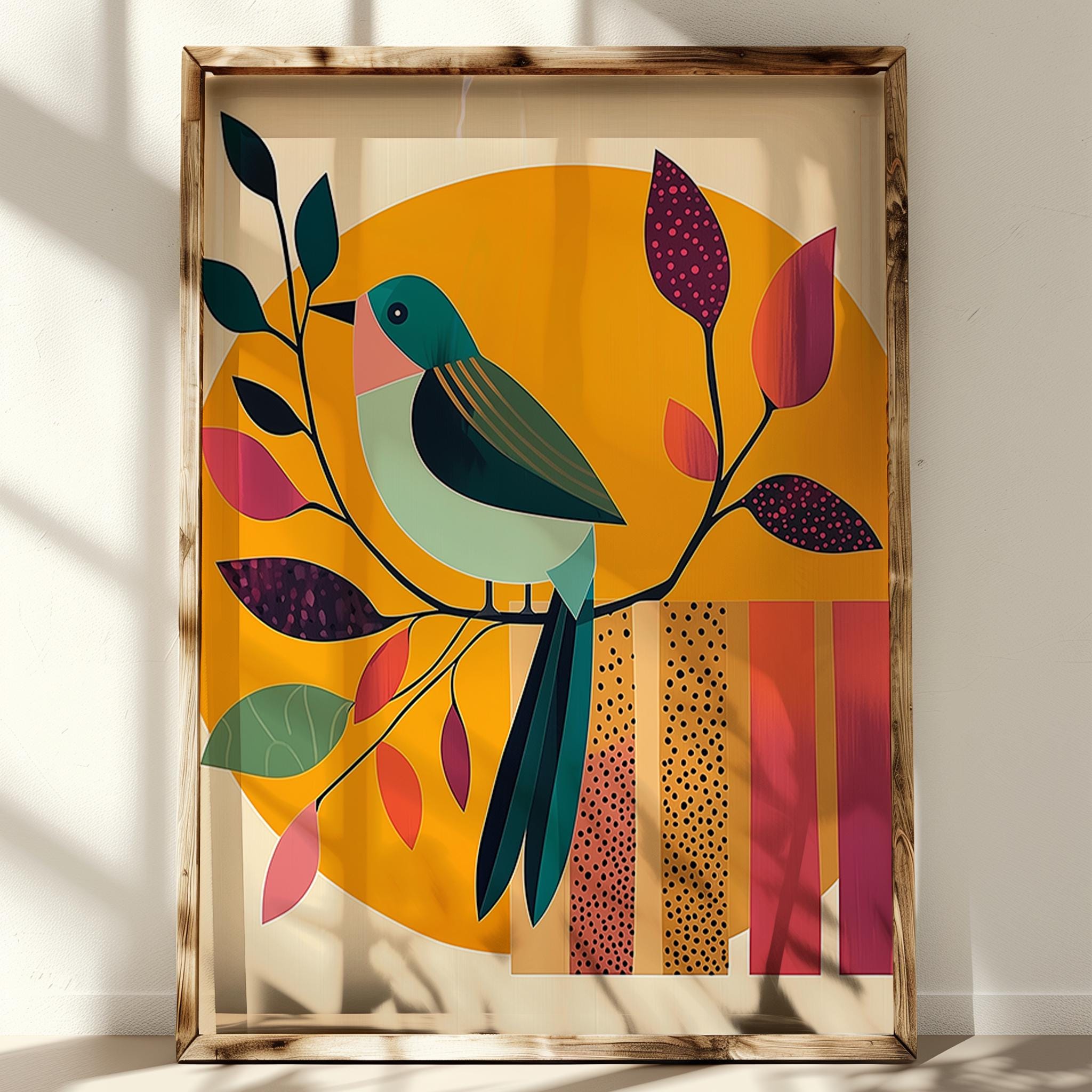 Trendy Boho Bird Art Print | Bold Geometric Nature Wall Decor | Mid ...