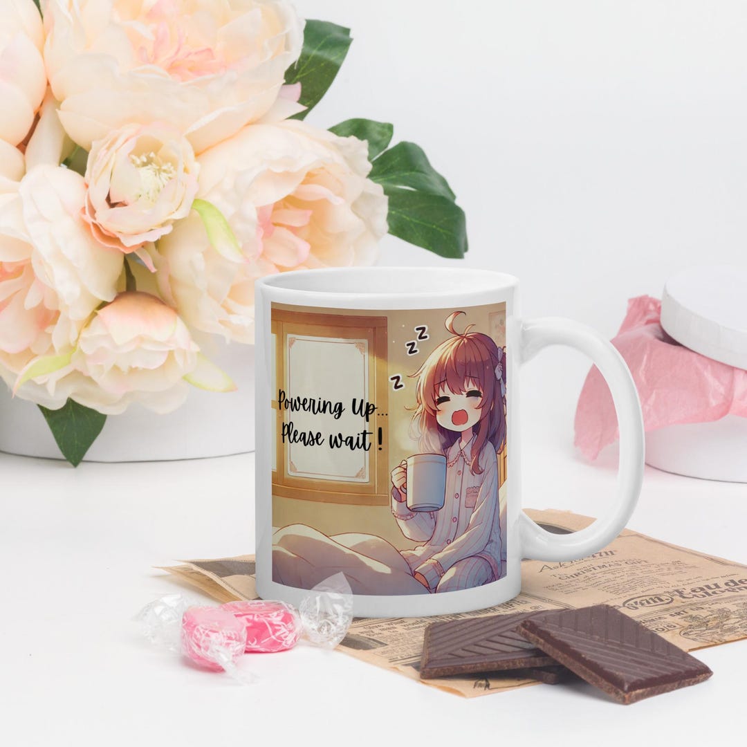 Powering Up, Please Wait Anime Girl Mug – Funny Gift for Gamers, Otakus ...