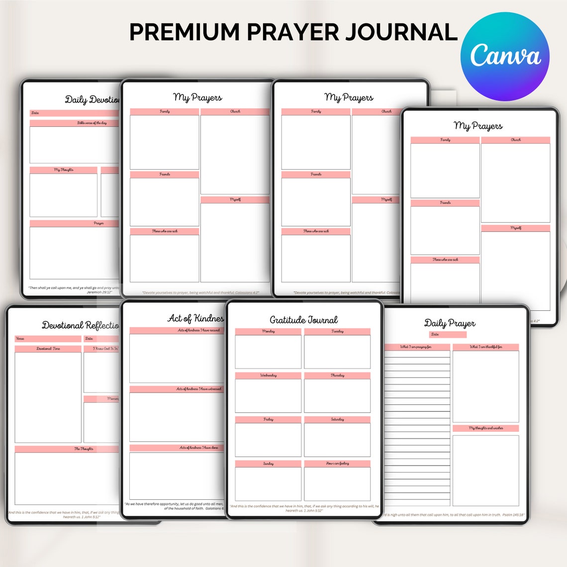 Prayer Journal, Printable and Editable in Canva, Bible Study Journal ...
