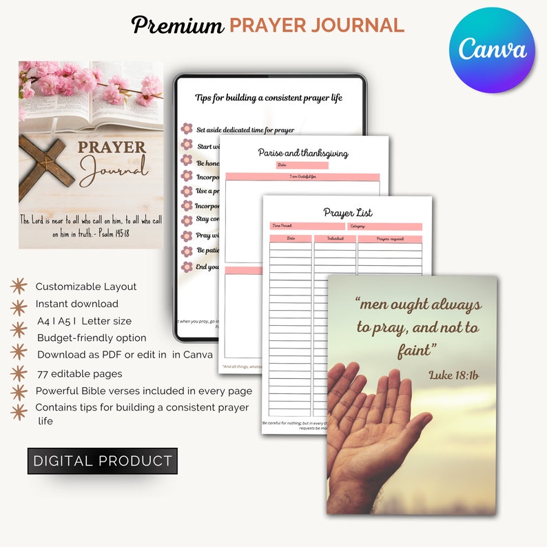 Prayer Journal, Printable and Editable in Canva, Bible Study Journal ...