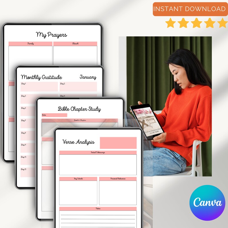 Prayer Journal, Printable and Editable in Canva, Bible Study Journal ...