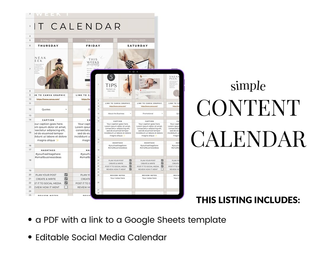 Simple Content Calendar | Digital Social Media Planner | Google Sheets ...