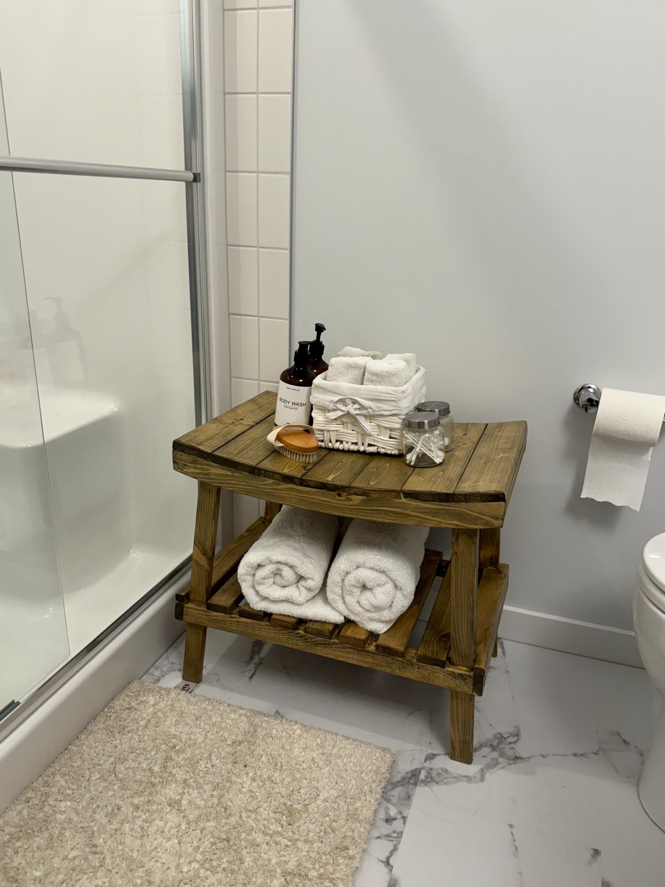 Wooden Shower Bench, Shower Stool, Shower Bench With Shelf, Bathroom ...