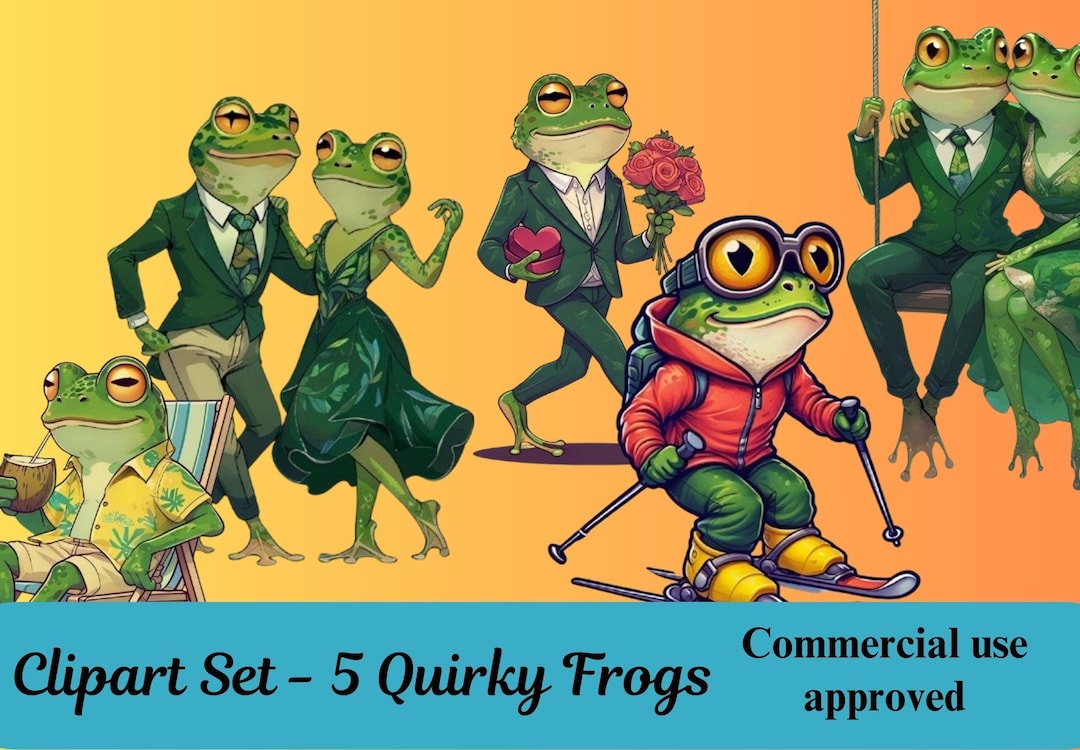 Commercial Use OK - Quirky Frogs Clipart - 5 Frogs Clipart Set - Print ...