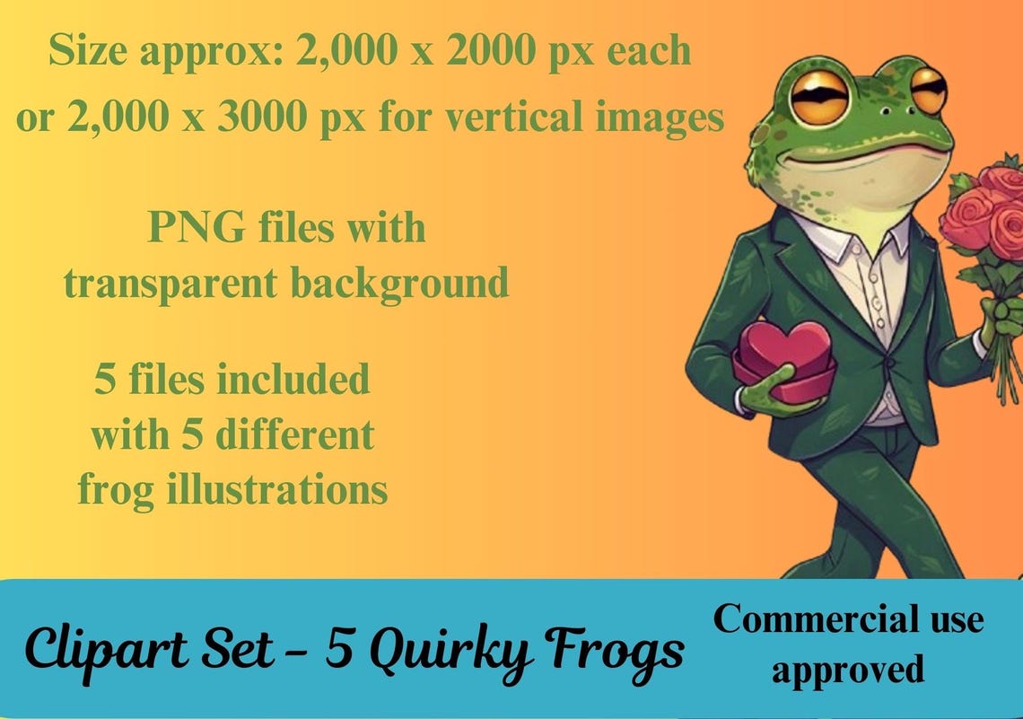 Commercial Use OK - Quirky Frogs Clipart - 5 Frogs Clipart Set - Print ...