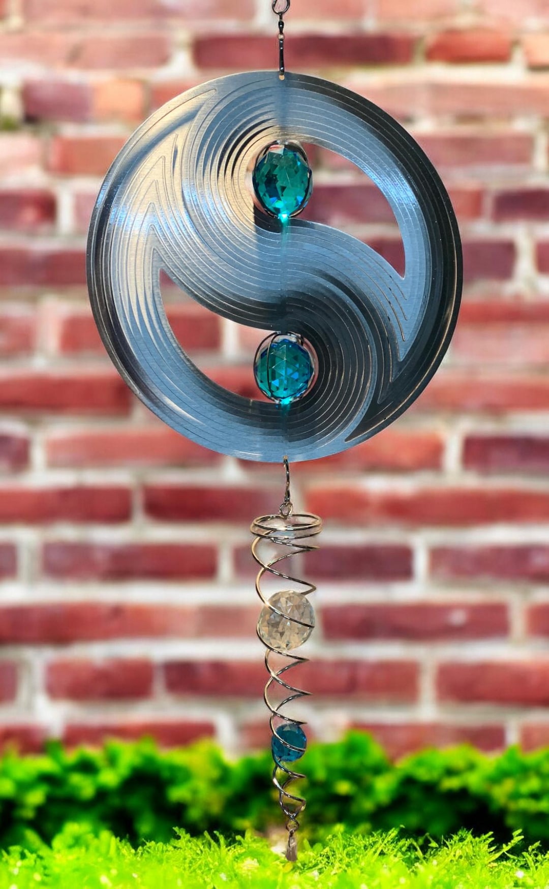 6" Yin Yang Wind Spinner With Aqua Crystal and Aqua Twister Tail - Etsy