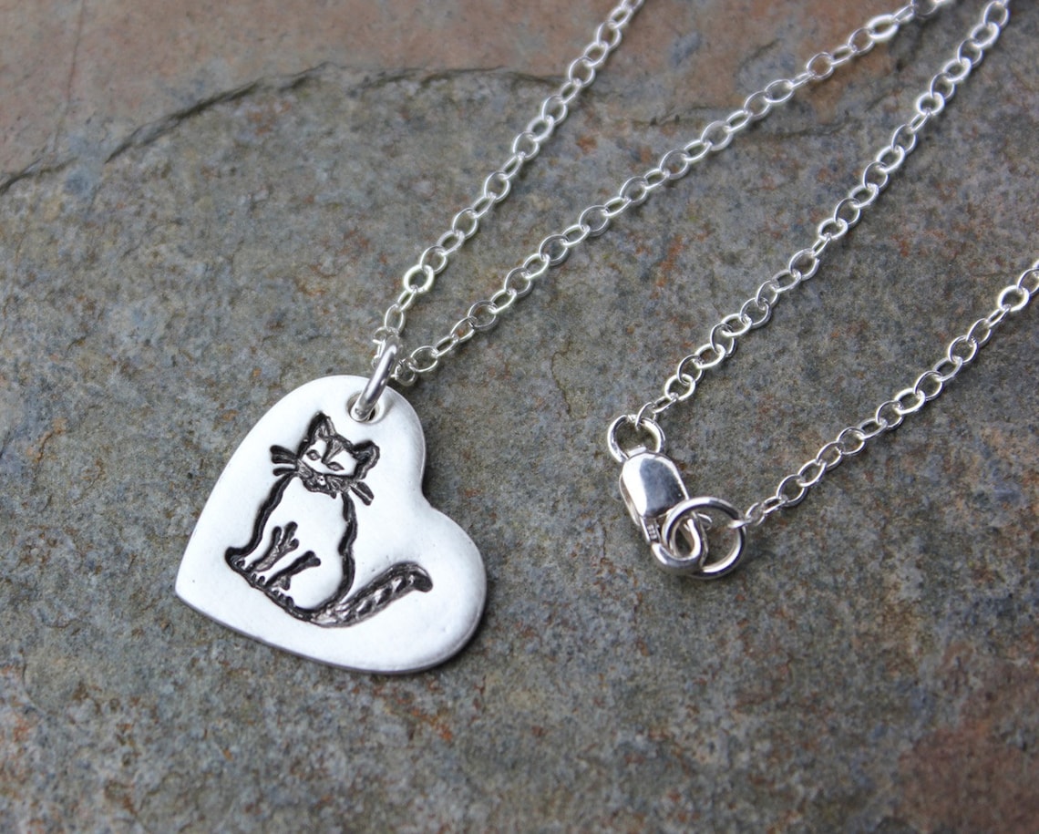 Kitty Cat Heart Necklace Handmade Fine Silver Heart Charm - Etsy