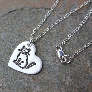 Kitty Cat Heart Necklace - Handmade Fine Silver Heart Charm With Hand ...