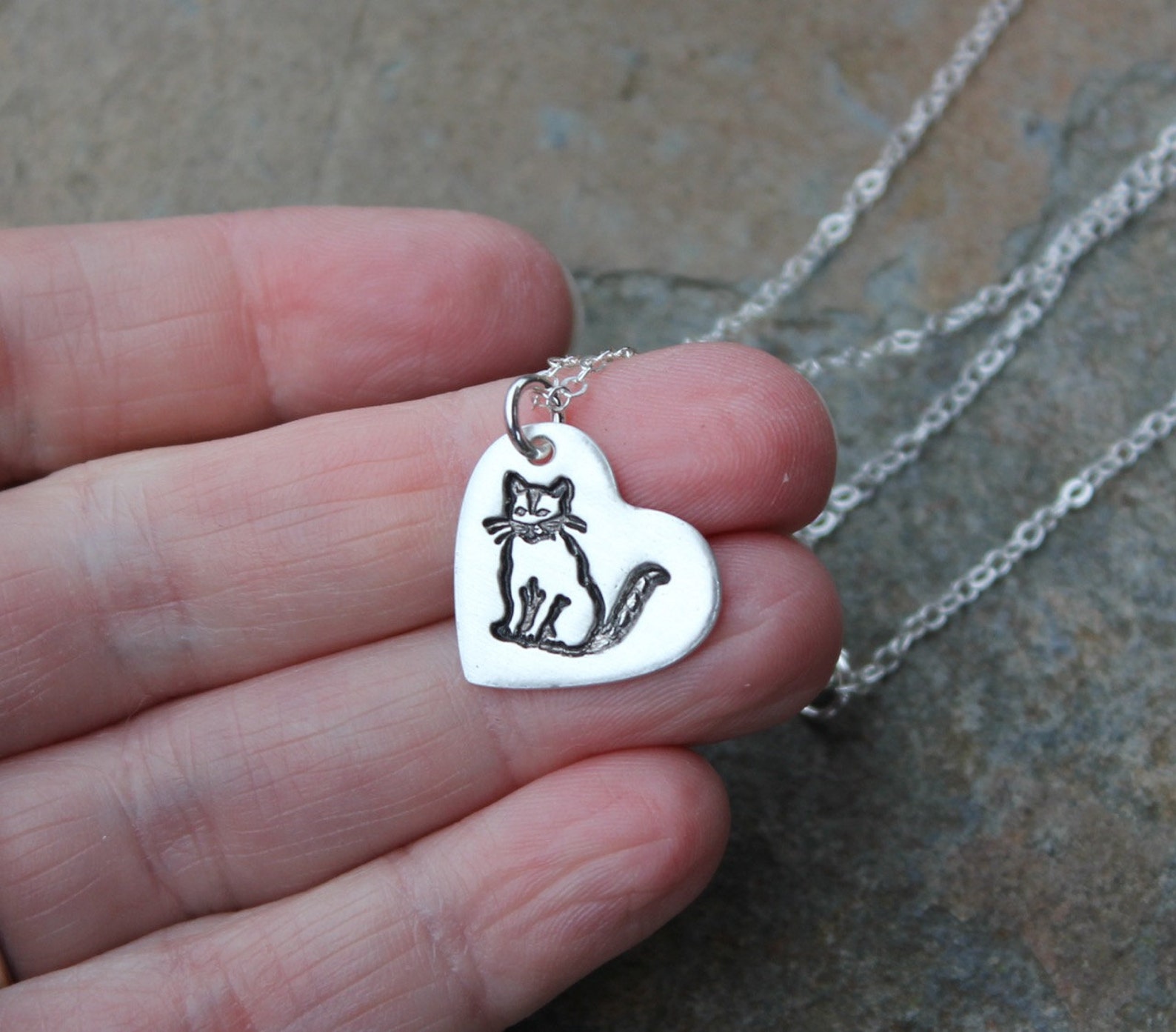 Kitty Cat Heart Necklace Handmade Fine Silver Heart Charm - Etsy