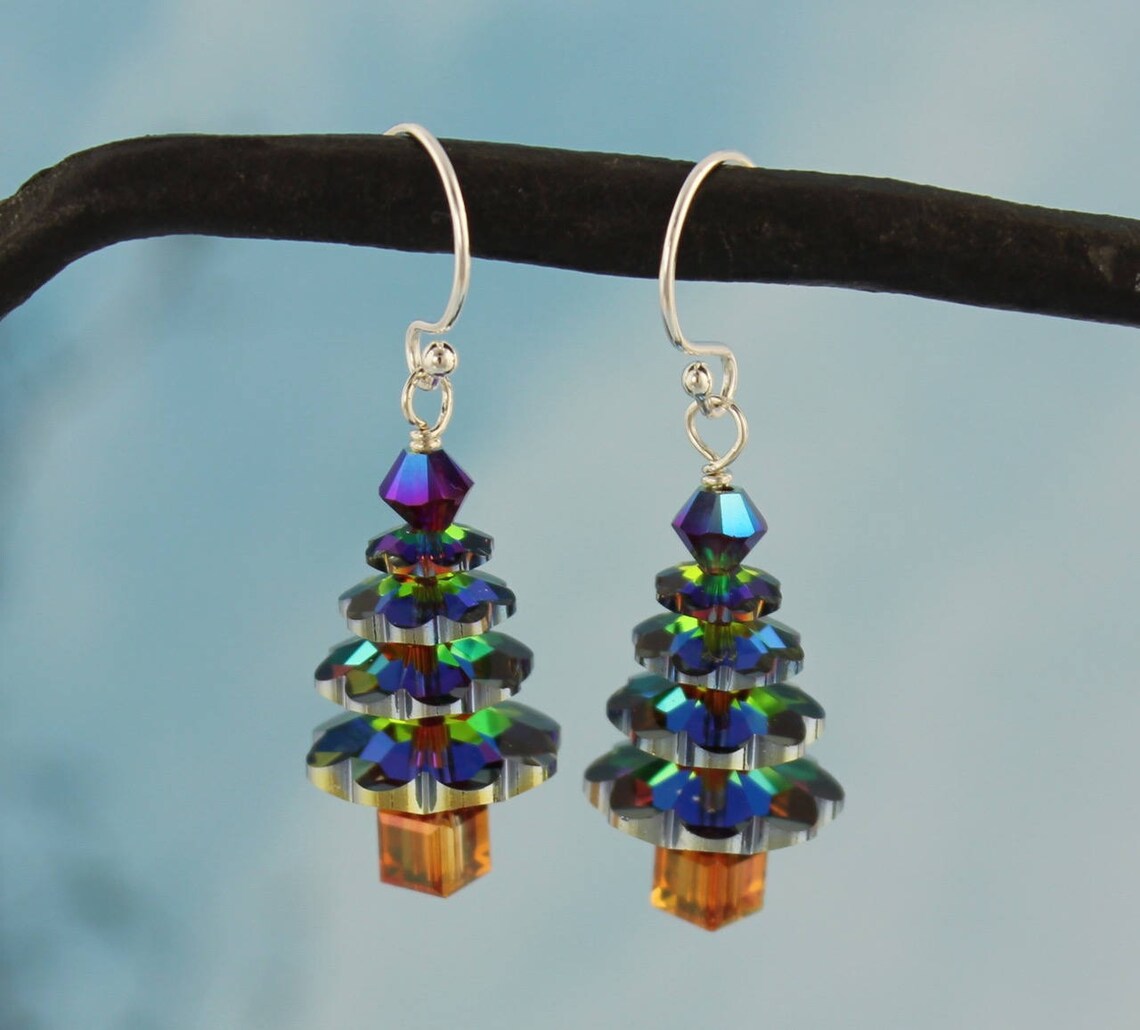 Color Changing Crystal Christmas Tree Sterling Silver Earrings- Green ...