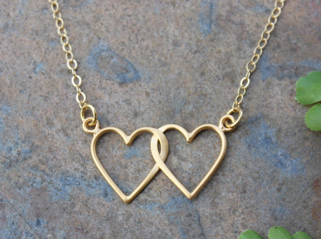 2 Hearts Intertwined Necklace - 24k Gold Plated Hearts on 14k Gold ...